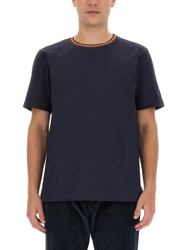 Paul Smith Regular Fit Organic Cotton T-shirt With Neck Stripe Logo - Blue