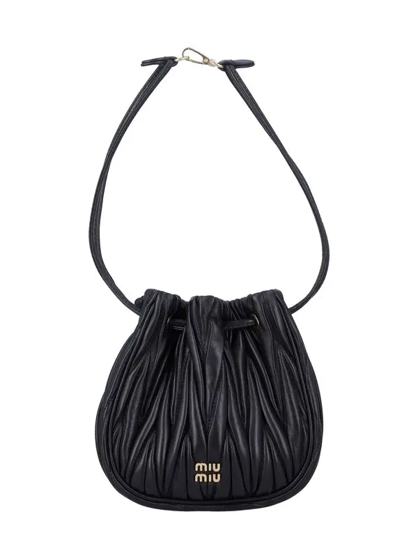 Miu Miu Quilted Lambskin Drawstring Handbag With Gold-tone Logo - Nero