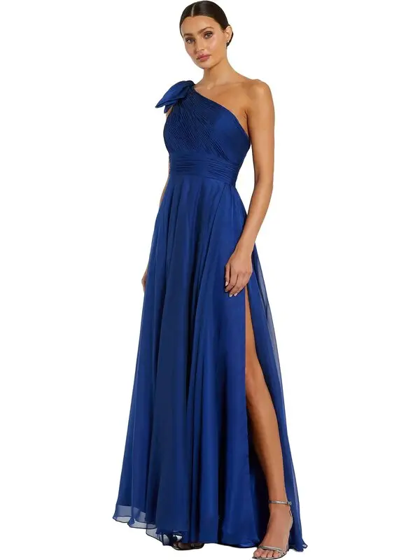 Mac Duggal Petite Sleeveless One Shoulder Pleated Gown - Blue