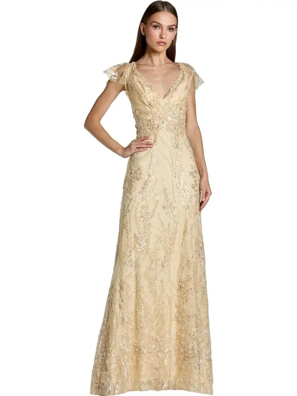 Mac Duggal Petite V-neck Flutter Sleeve Floral Embroidered Gown - Gold