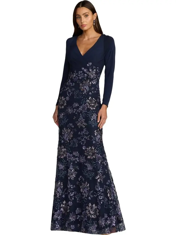 Mac Duggal Floral Sequin And Beaded Embroidered Trumpet Gown - Navy