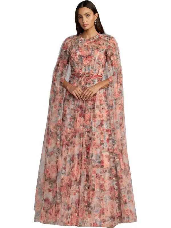 Mac Duggal Floral Sequin Embellished Cape Sleeve Gown - Cream Multi