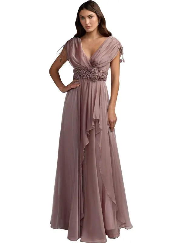Mac Duggal Purple Crystal Floral Waist Chiffon Gown - Mocha