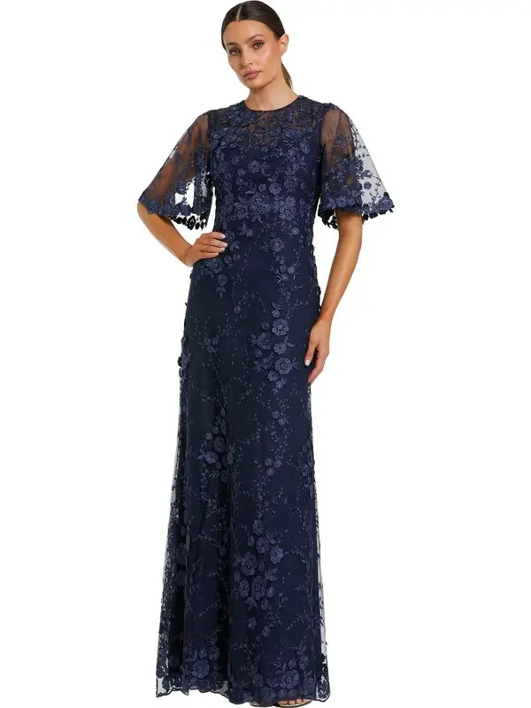 Mac Duggal Petite Flutter Sleeve Floral Embroidered Net Gown - Navy