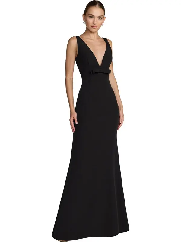 Mac Duggal Petite Sleeveless V Neck Mermaid Gown With Bow - Black