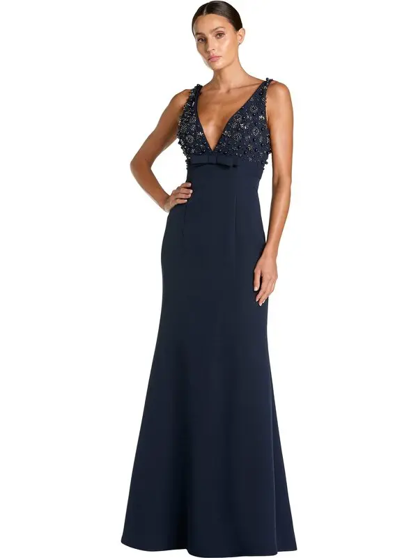 Mac Duggal Petite Sleeveless Embellished Crepe Gown With Bow - Navy