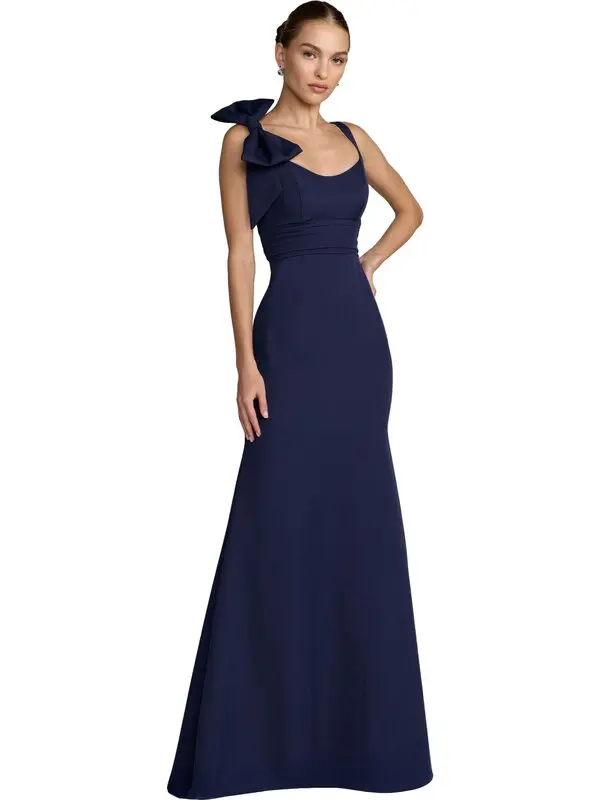 Mac Duggal Petite Scoop Neck Trumpet Gown With Bow - Navy