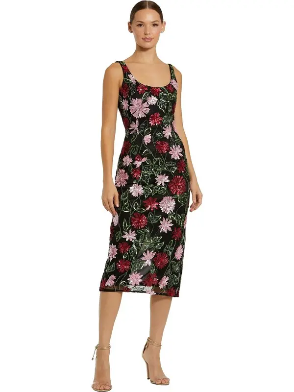 Mac Duggal Floral Beaded Scoop Neck Midi Dress - Black