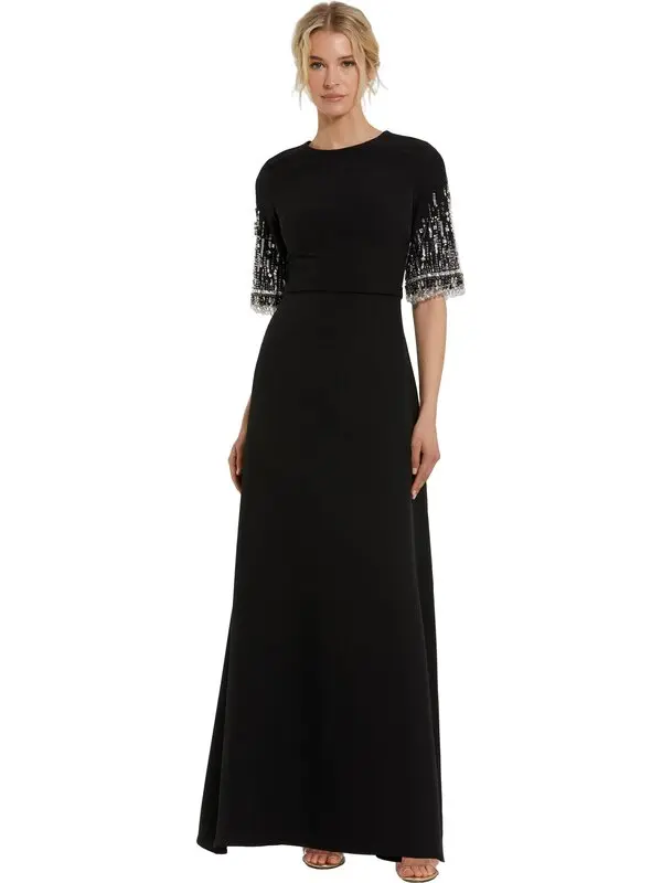 Mac Duggal Petite A-line Gown With Embellished 3/4 Sleeves - Black
