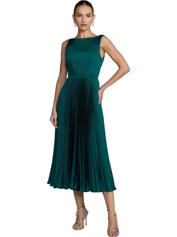 Mac Duggal Petite Teal Sleeveless High Neck Pleated Midi Dress - Green