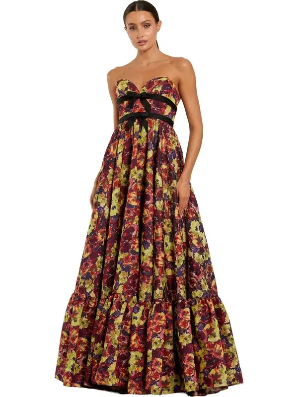 Mac Duggal Multicolor Sleeveless Brocade A-line Gown - Burgundy Multi