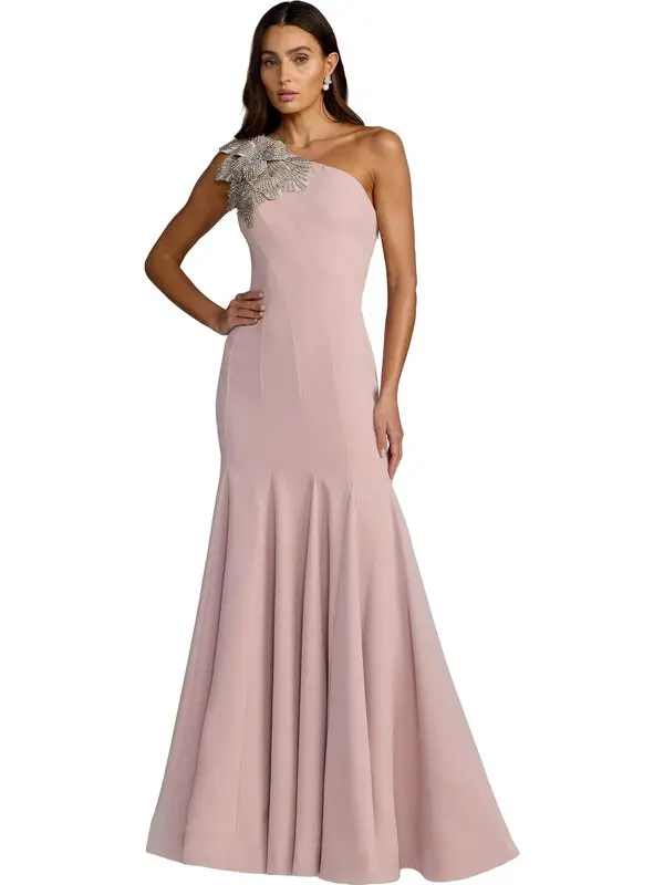 Mac Duggal Crepe One Shoulder Gown With Embellished Flower Detail - Pink