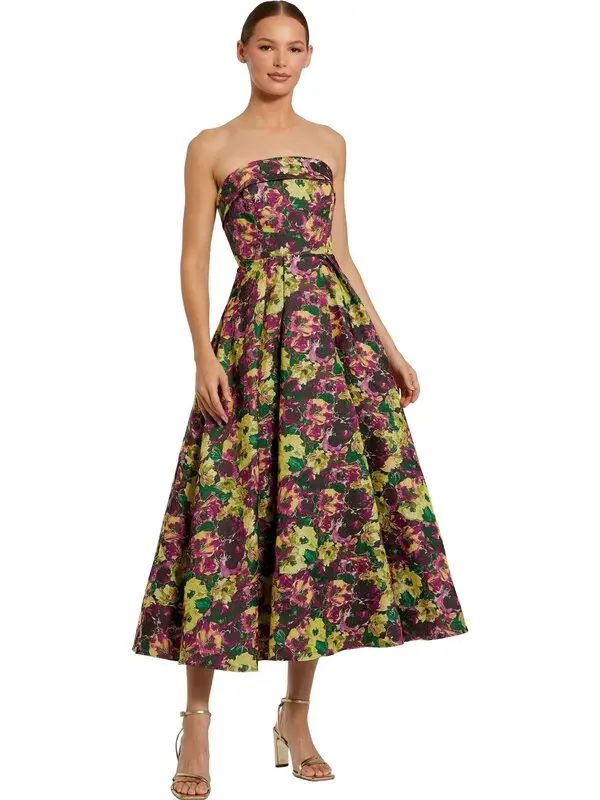 Mac Duggal Multicolor Strapless Brocade A-line Midi Dress - Plum Multi