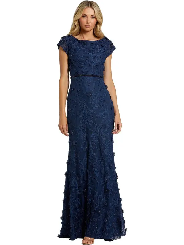 Mac Duggal Petite Floral Applique Boat Neck Cap Sleeve Gown - Navy