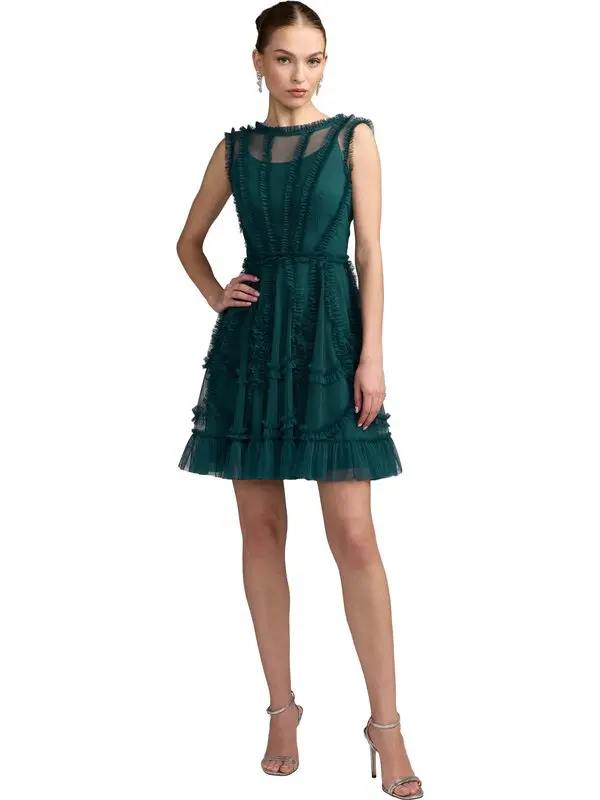 Mac Duggal Teal High Neck Sleeveless Micro Ruffle Mini Dress - Green