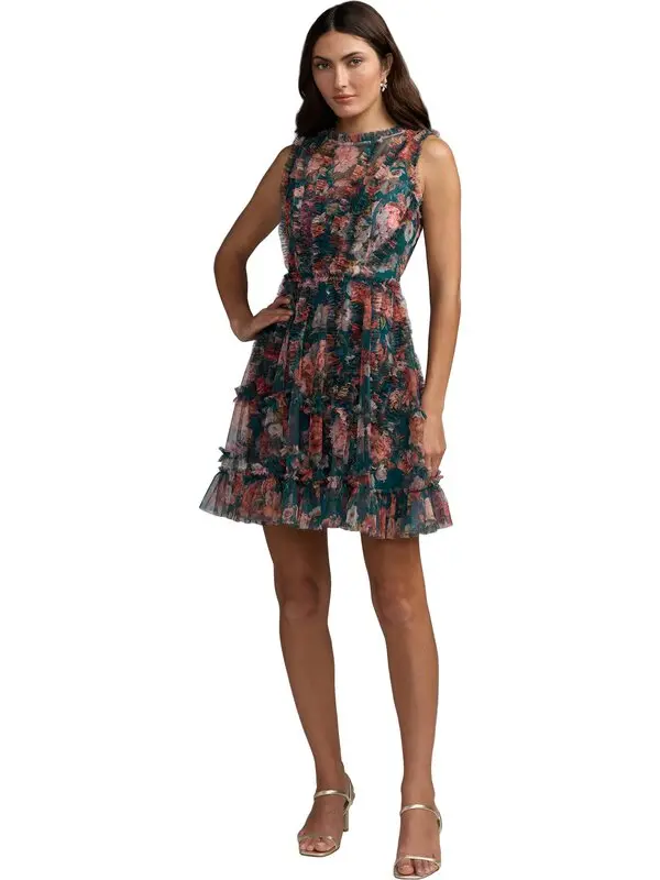 Mac Duggal Ruffled Floral A-line Mini Dress - Blue