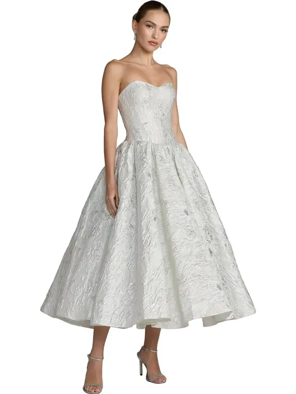 Mac Duggal Strapless Brocade Tea Length Dress - Ivory