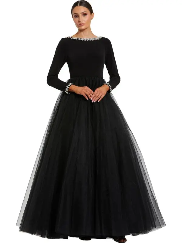 Mac Duggal Petite Long Sleeve Tulle Ball Gown - Black