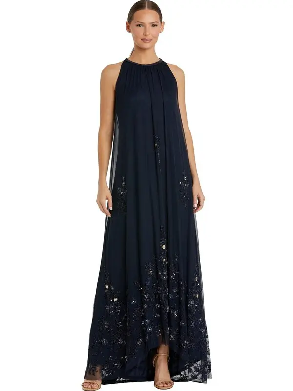 Mac Duggal Embellished Floral High Neck Gown - Navy