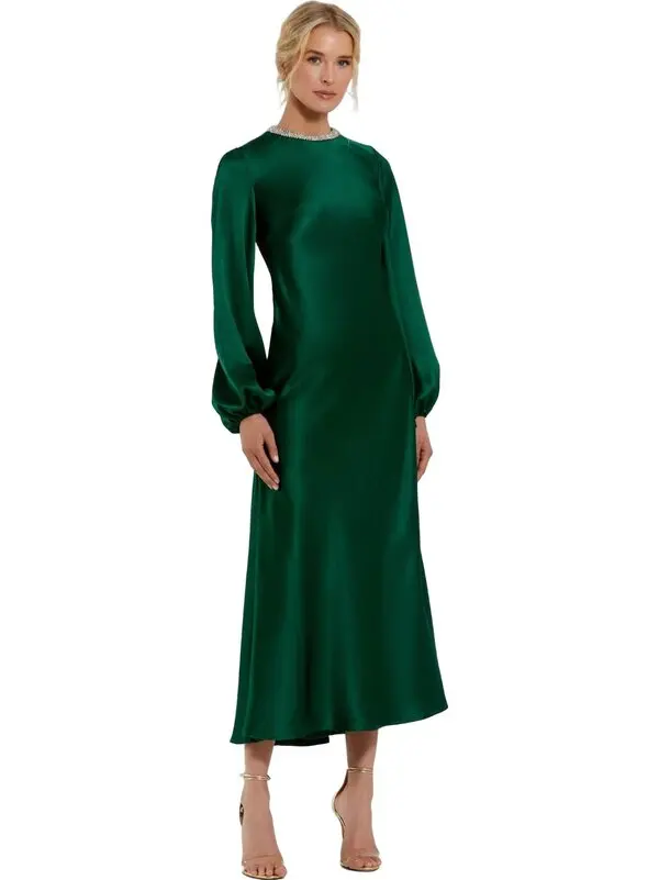 Mac Duggal Petite High Neck Long Sleeve Crystal Detail Dress - Green