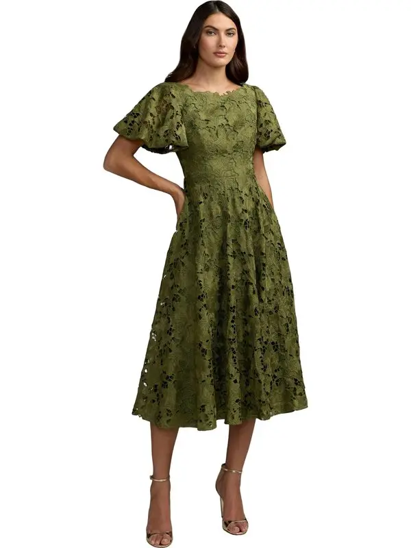 Mac Duggal Green Floral Lace Flutter Sleeve Midi Dress - Olive