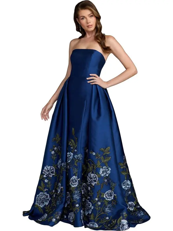 Mac Duggal Blue Floral Embroidered Mikado Strapless Ball Gown - Midnight Multi