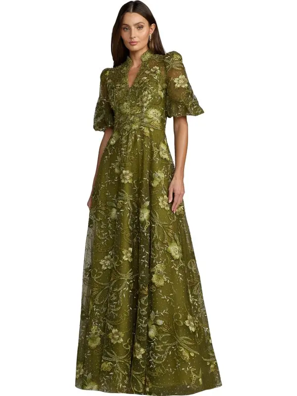 Mac Duggal Queen Anne Puff Sleeve Embroidered Gown - Green