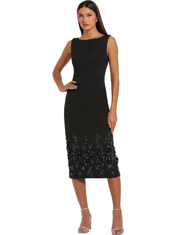 Mac Duggal Sleeveless Boatneck Midi Dress With Floral Beading And Slit - Black