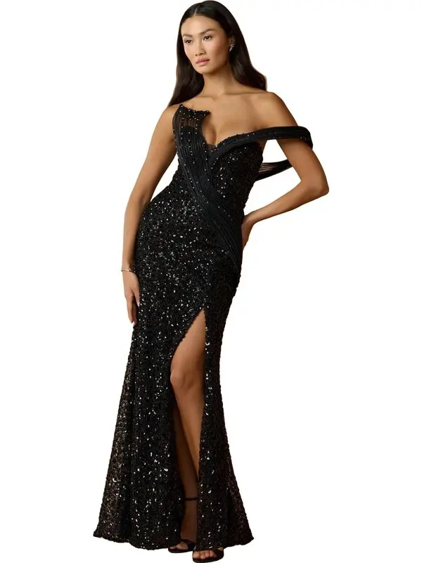 MAC DUGGAL COLLECTION Petite Embellished Strapless Gown With Sculptural Drape - Black