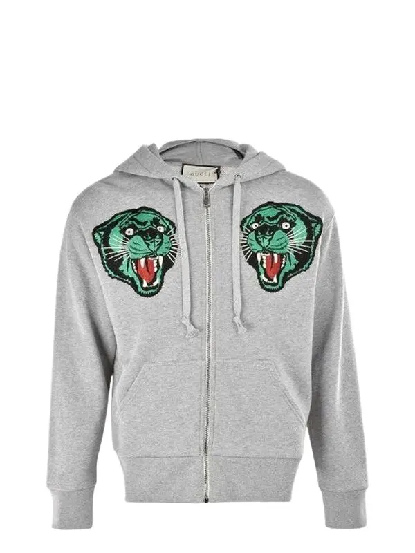 Gucci Embroidered Tiger Head Zip Hooded Sweatshirt - Grey