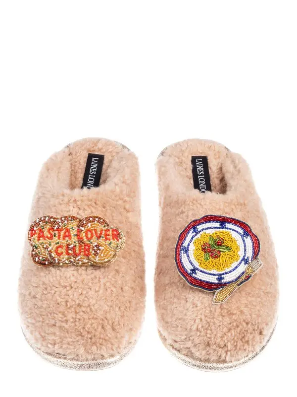 LAINES LONDON Neutrals Laines X Juliet Closed Toe Slippers With Pasta Lover Club Brooches Toffee - Brown