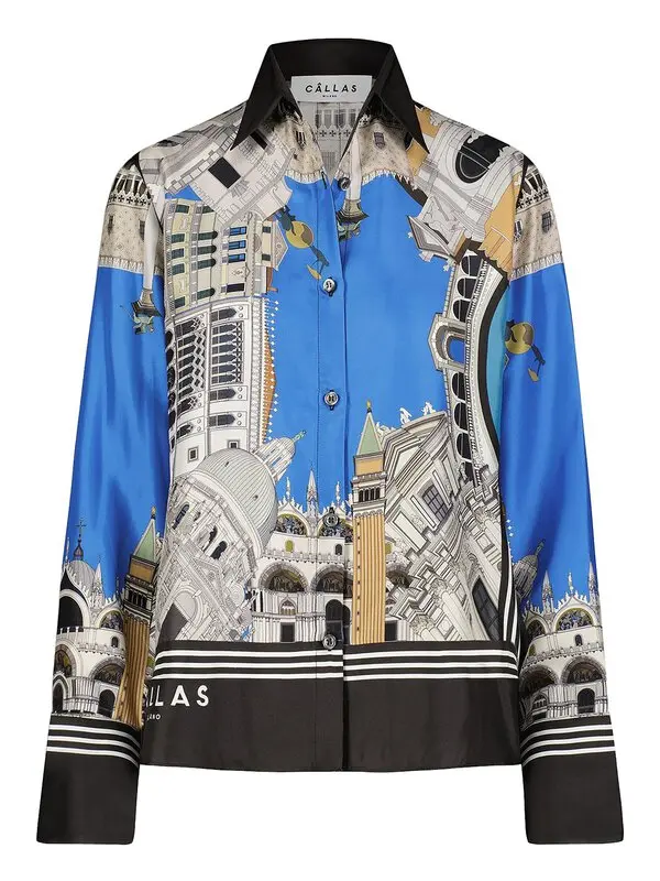 CALLAS MILANO Cameron Silk Twill Venice Print Shirt - Blue/black