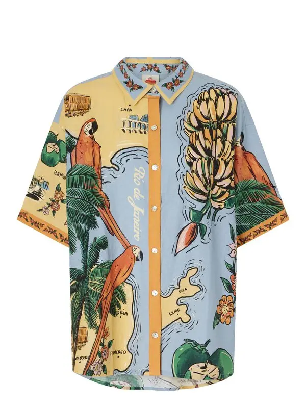 Farm Rio Beaches Path Printed Linen-blend Shirt - Blue