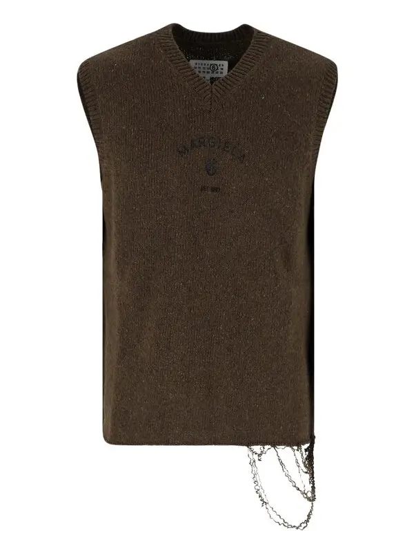 MAISON MARGIELA Wool Knit V-neck Vest With Distressed Hem And Chain Detail - Green