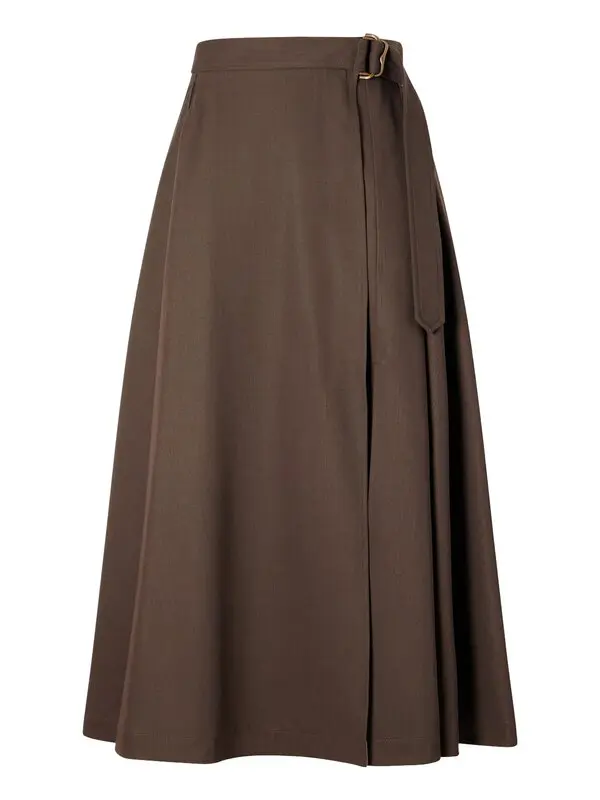 Burberry Belted Wool Gabardine Midi Skirt - Brown