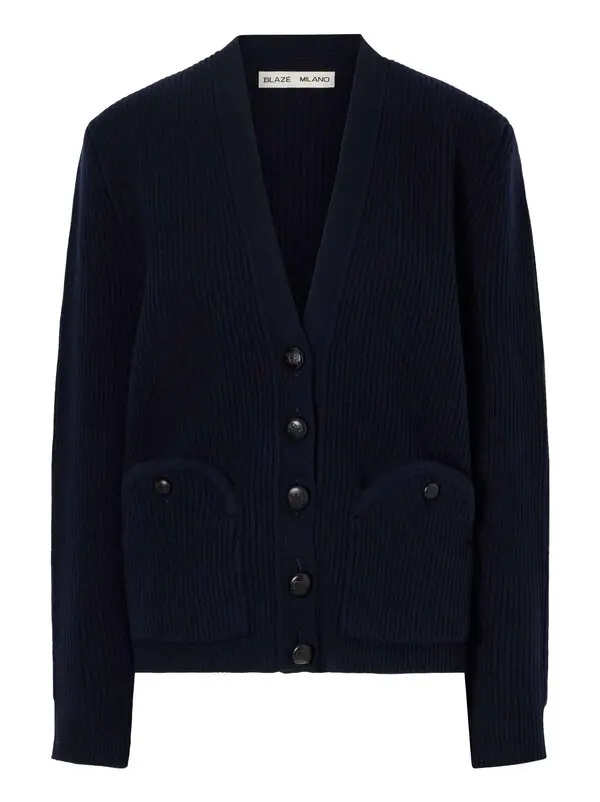 BLAZÉ MILANO Ribbed Wool And Cashmere-blend Cardigan - Navy