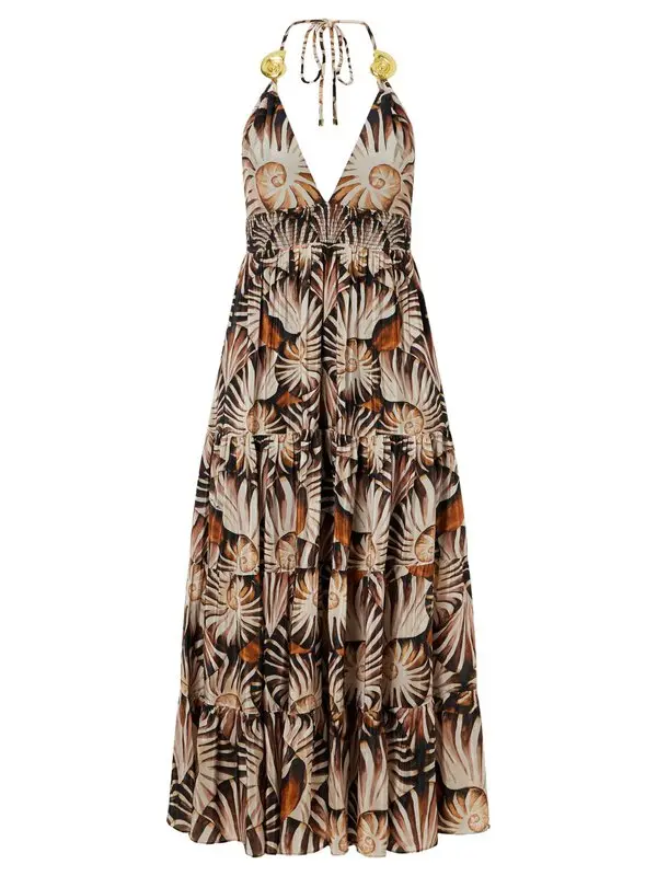 Farm Rio Embellished Printed Halterneck Midi Dress - Brown