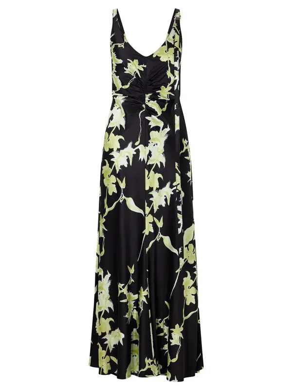 Sportmax Balia Gathered Printed Satin Maxi Dress - Black