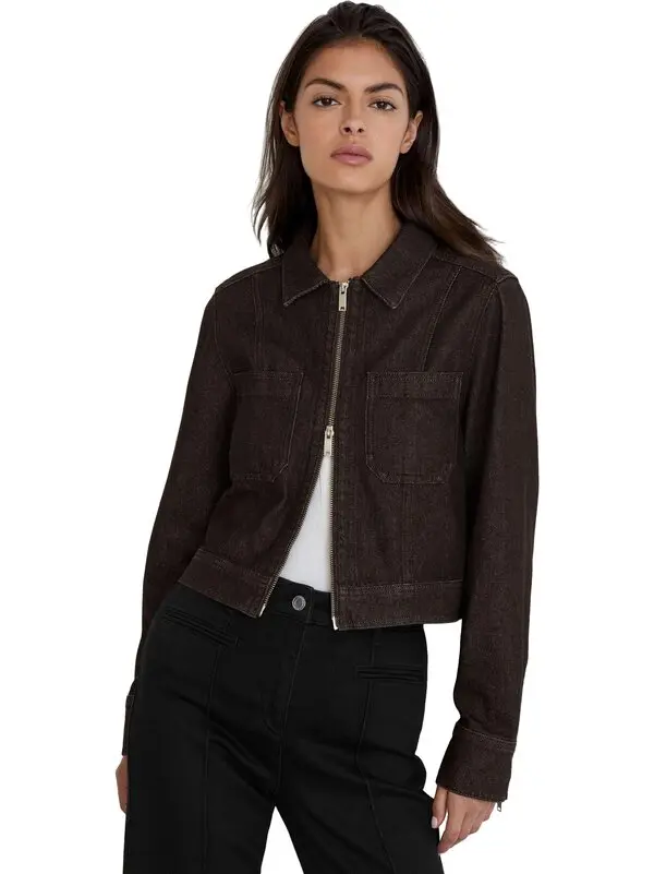 REISS Lotta Cropped Zip-through Denim Jacket - Dark Grape