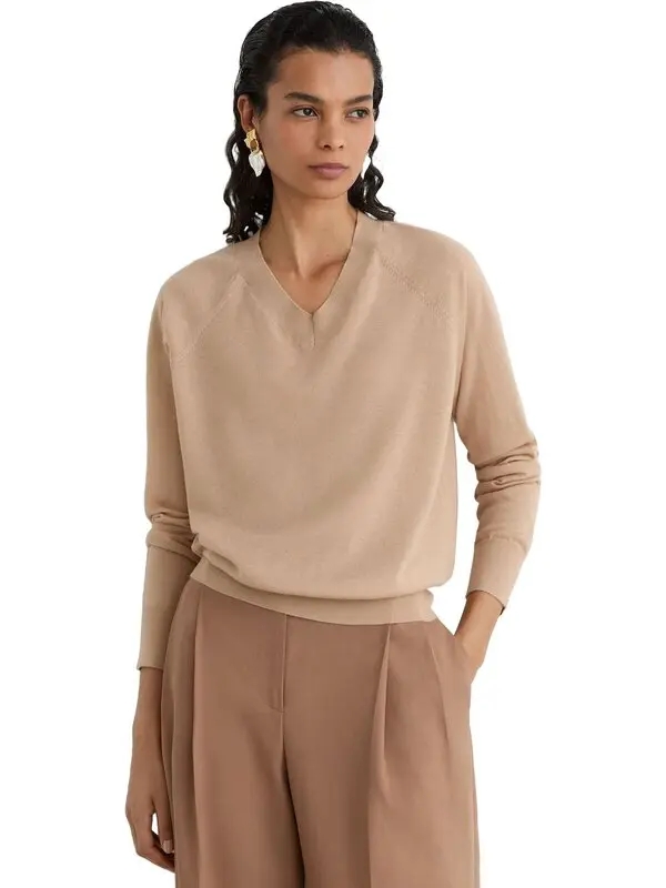 REISS Merino Wool V-neck Jumper - Camel