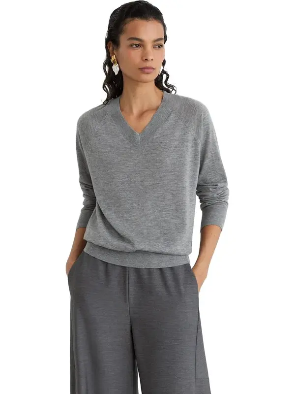 REISS Merino Wool V-neck Jumper - Grey