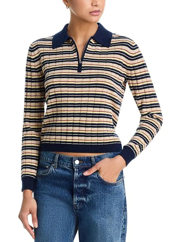 Guest In Residence Silk & Linen Striped Quarter Zip Polo Sweater - Midnight Combo