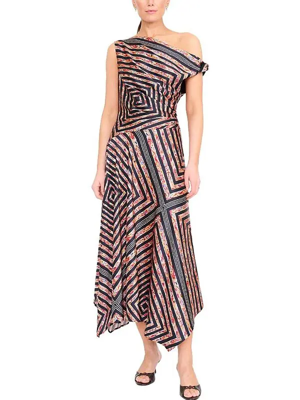 Staud Silk Blend Asymmetrical Neck Printed Midi Dress - Studio
