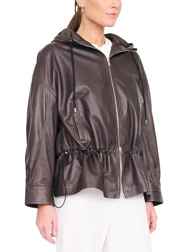 Staud Leather Hooded Jacket With Drawstring Waist - Earth