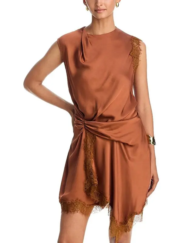A.L.C. Asymmetrical Lace Trimmed Mini Dress - Light Chestnut