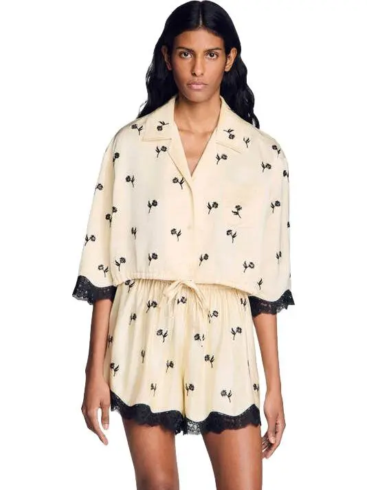 Sandro Cropped Floral Embroidered Shirt - Vanilla