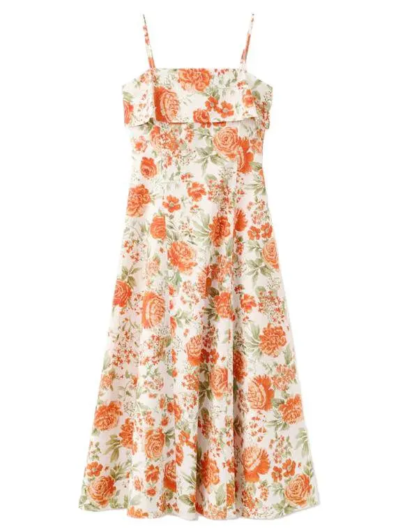 Mango Floral Print Square Neck Ruffled Midi Dress - Orange