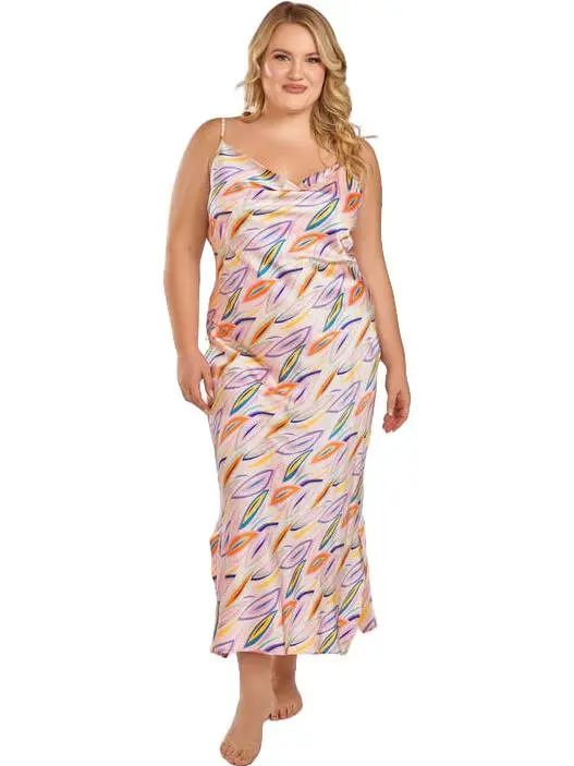 ICOLLECTION Printed Satin Gown With Cowl Neck And Adjustable Straps - Ivory