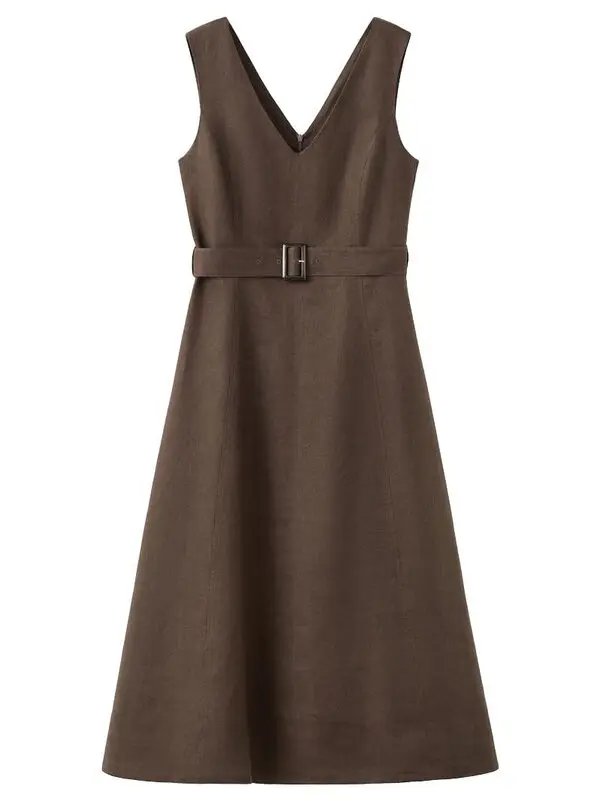 Mango Belted Linen Midi Dress - Chocolate