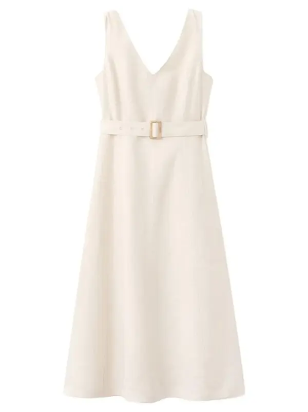 Mango Belted Linen Midi Dress - Ecru